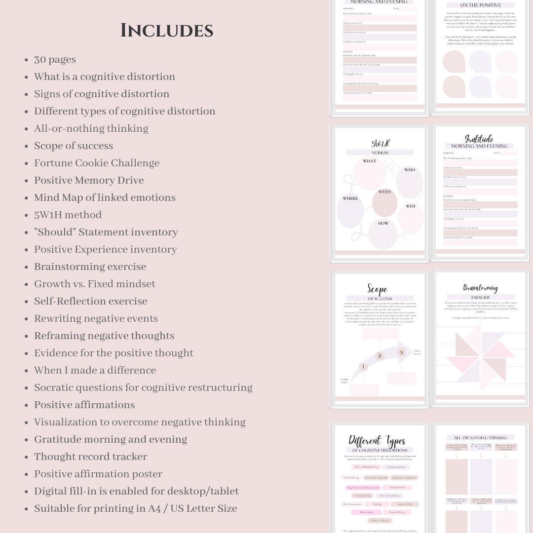 Cognitive Distortions Journal Self Esteem Worksheets Black and White ...