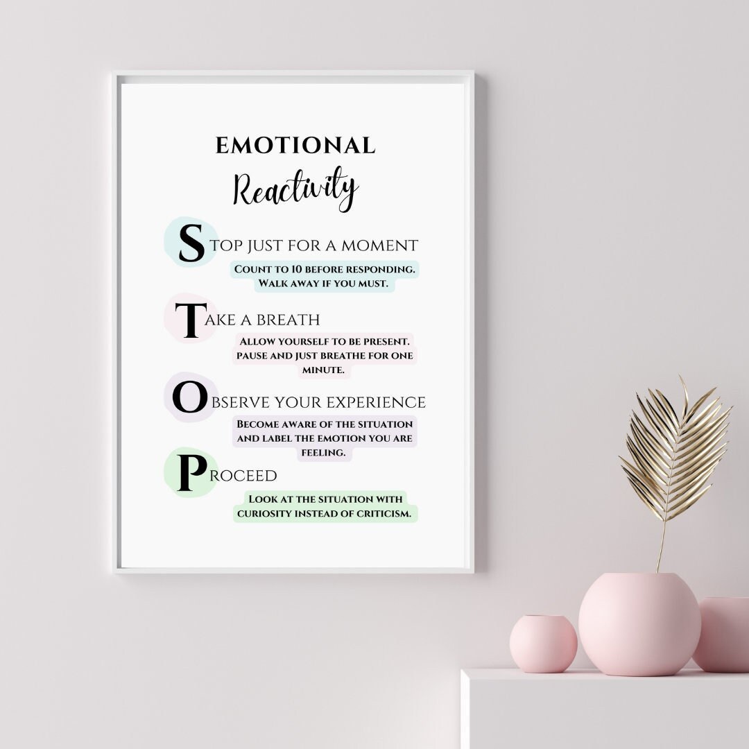 Emotional Reactivity / Feelings Poster / STOP Poster / Therapy Office ...