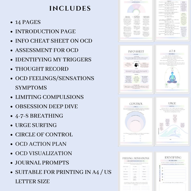 OCD Therapy Worksheets Anxiety Coping Skills Exercises CBT Workbook ERP ...