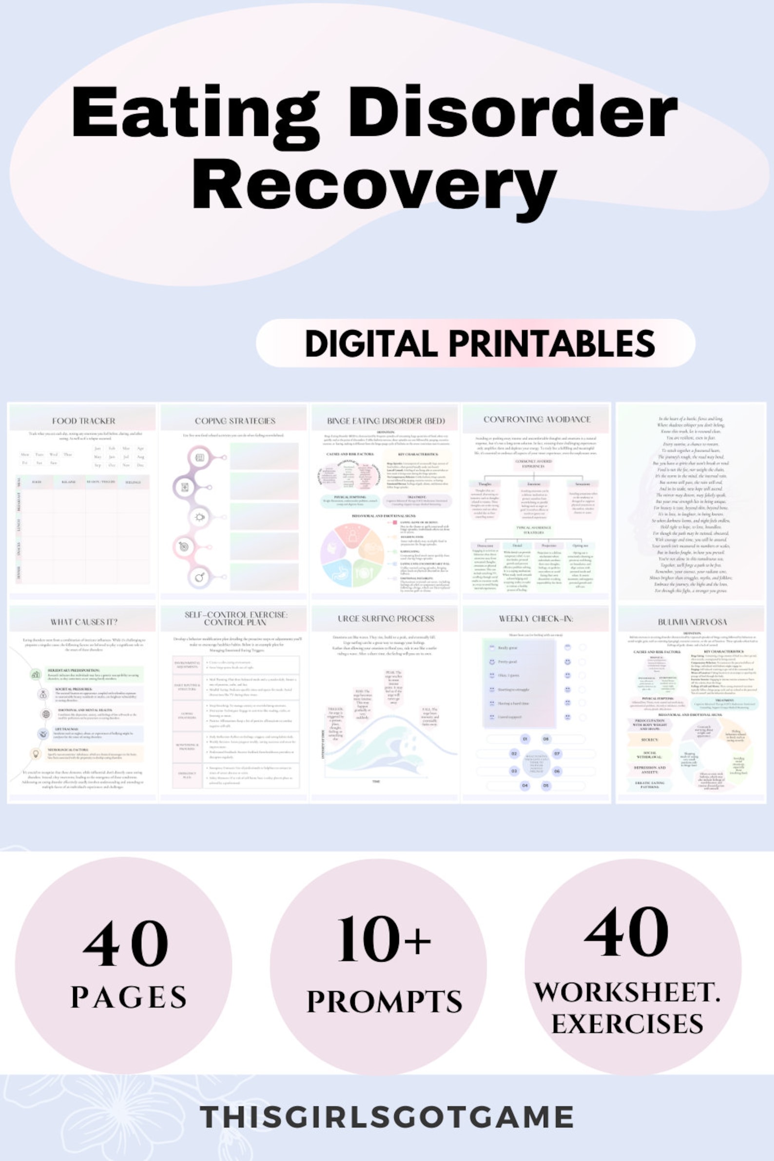 Eating Disorder Recovery Workbook Journal ED Therapy Worksheets Body ...