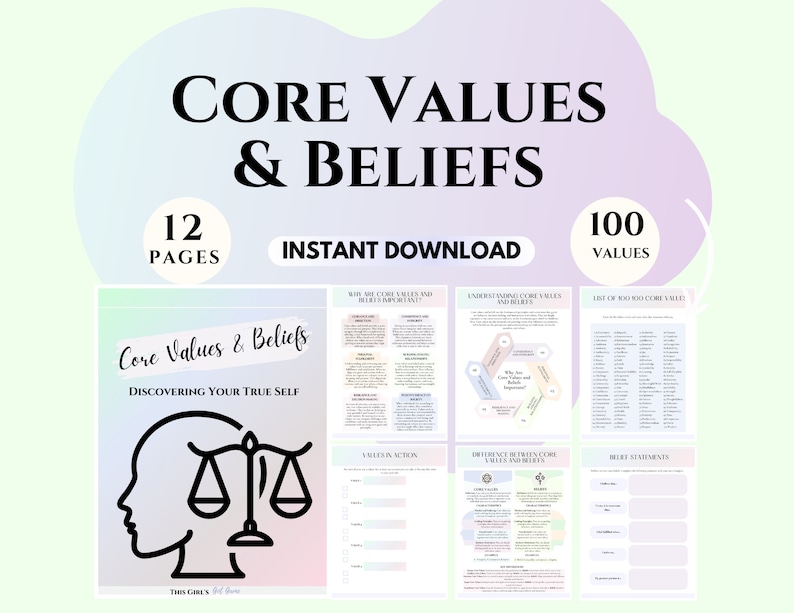 Core Beliefs and Values Worksheets CBT Workbook Values Exploration ...