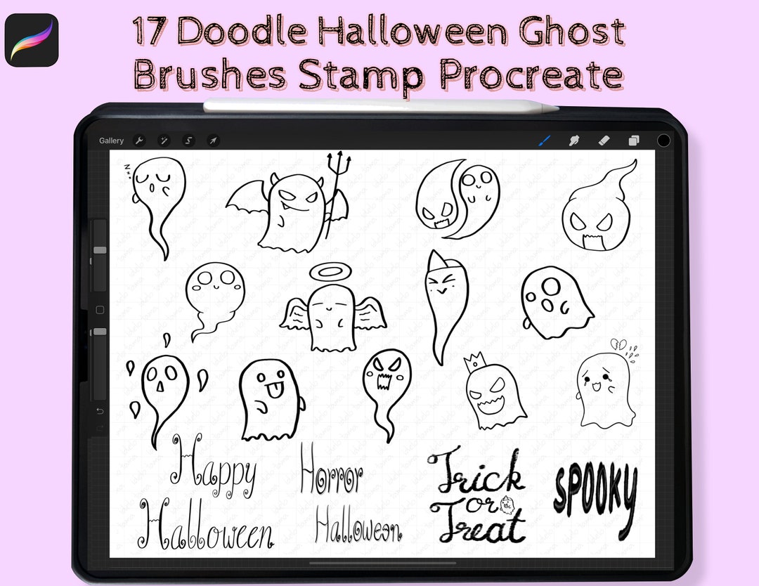 17 Doodle Halloween Ghost Cartoon Brushes Stamp Procreate, Add-on Brush ...