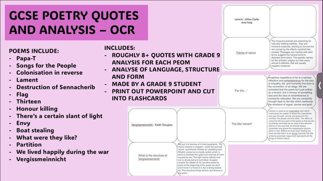 GCSE OCR Poetry Anthology Grade 9 Quotes and Analysis - Etsy
