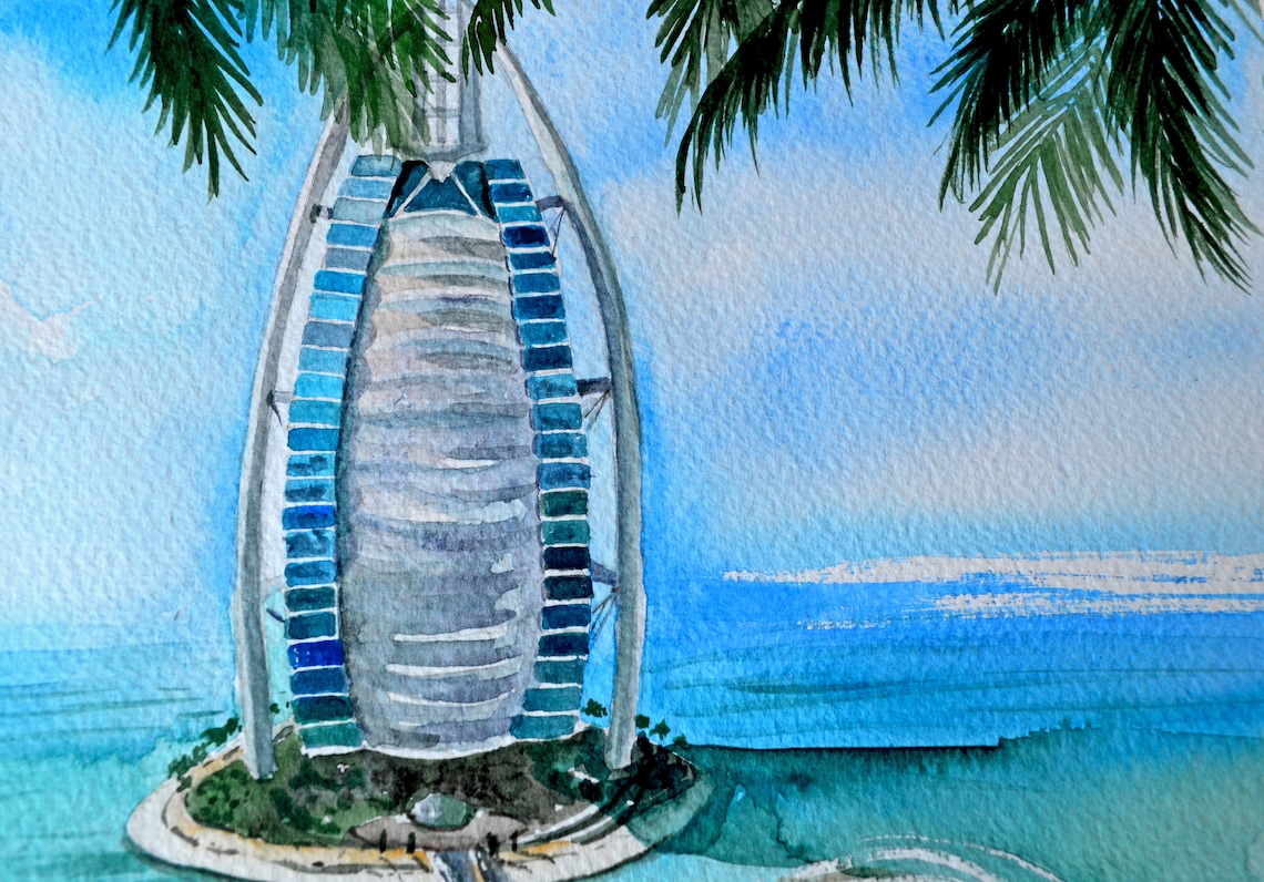 Dubai Cityscape, Original Watercolor Painting, Art, 9 X 9 Unframed ...