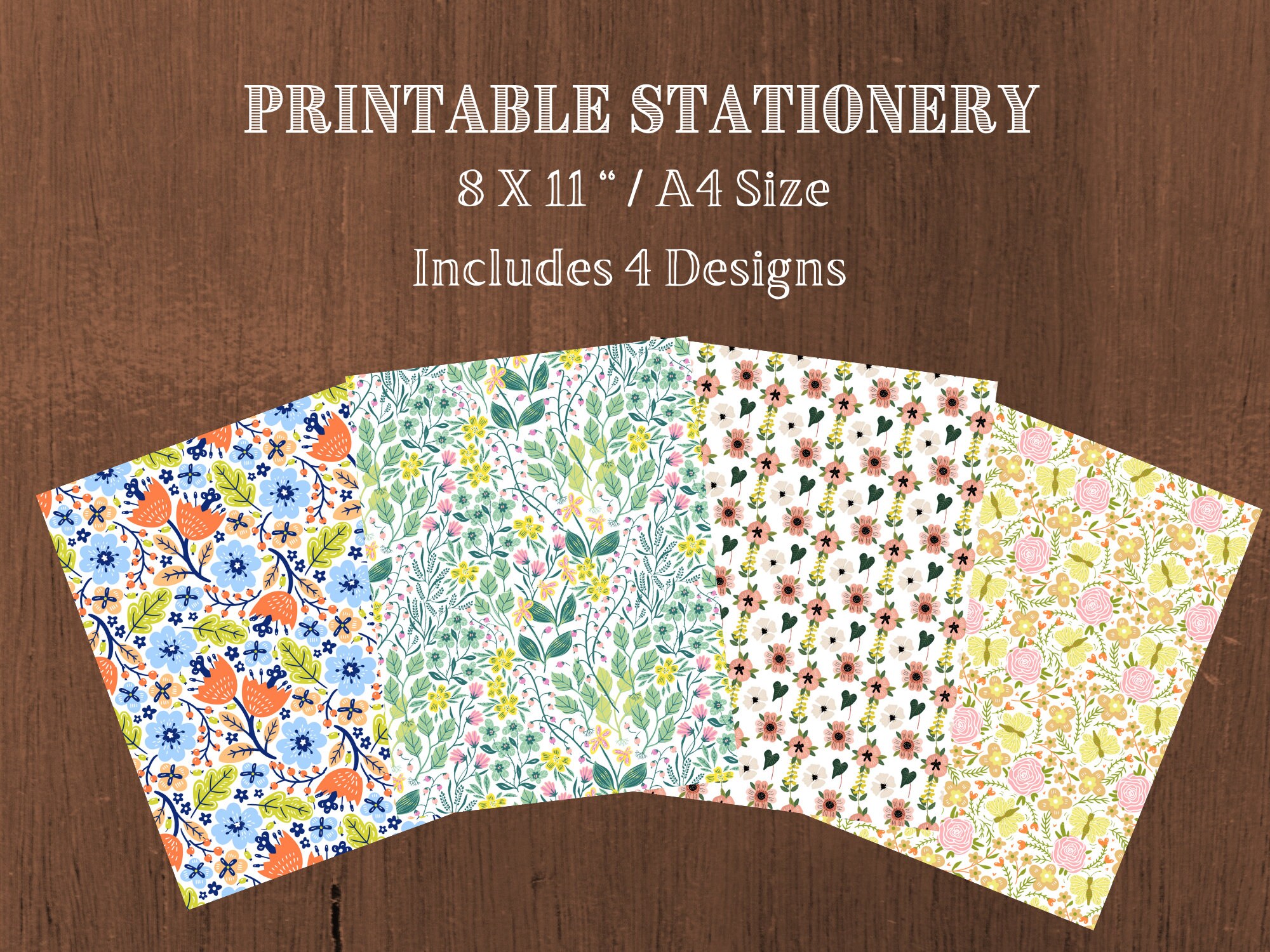 Printable Stationery /4 Different Designs /floral Designs Paper ...