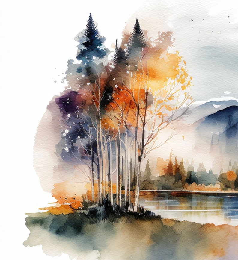 Watercolor Landscape Painting Calming Colors Lakes, Mountains and Trees ...