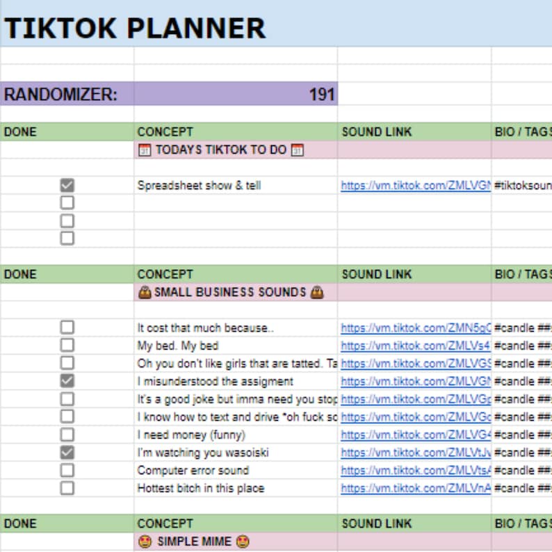 Tiktok Content Planner for Excel or Google Sheets | Social Media ...
