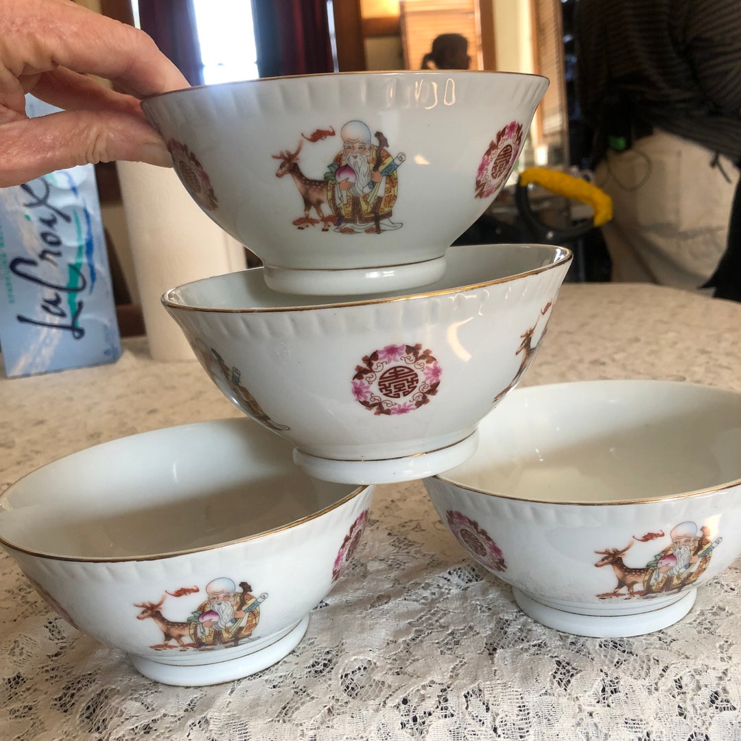 4 Pink and White Vintage Rice Bowls With Luck Deities on Bowl - Etsy
