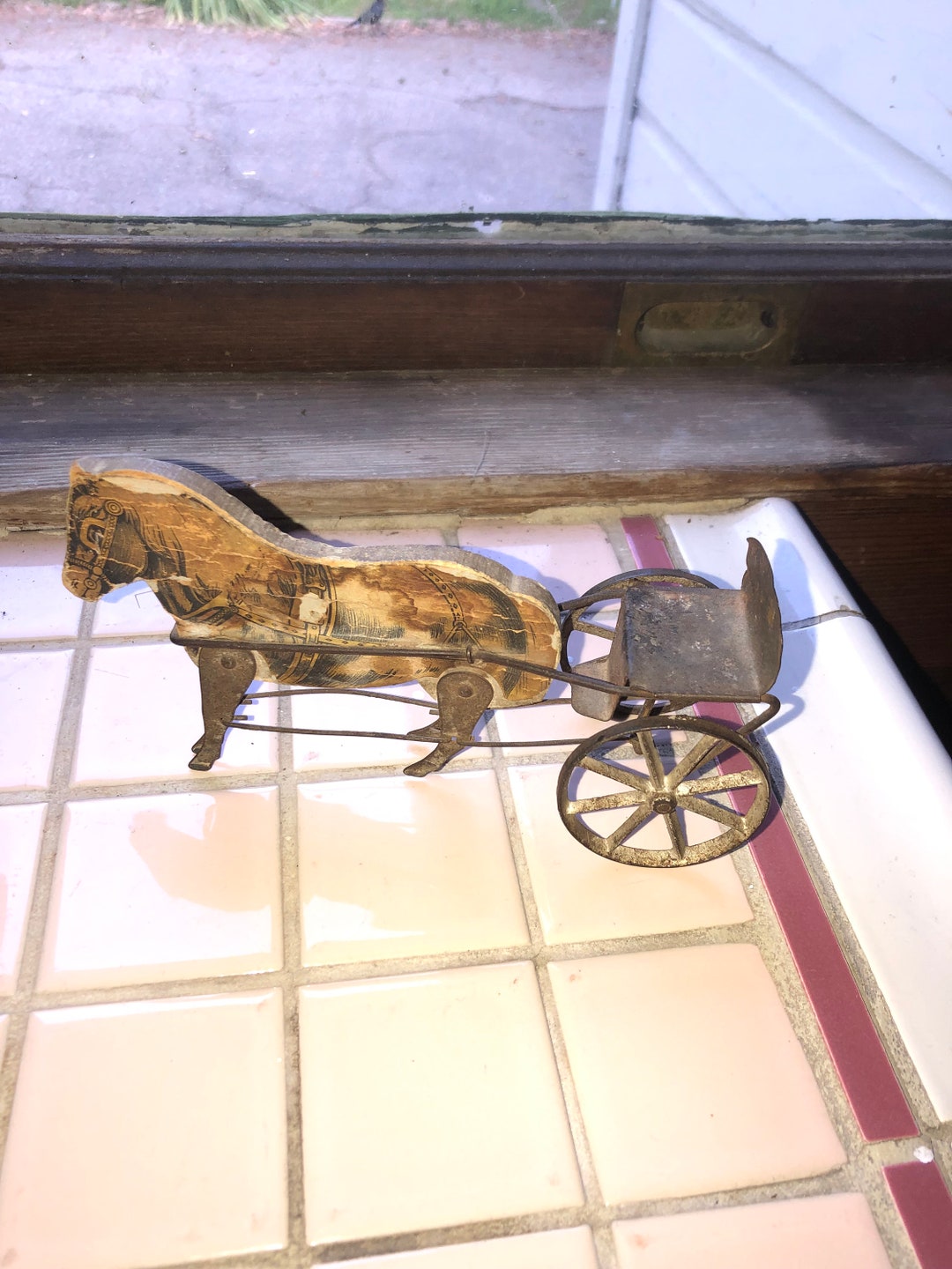 1910 Antique Toy Gibbs Lithograph Horse & Cart Legs Move When Wheels ...