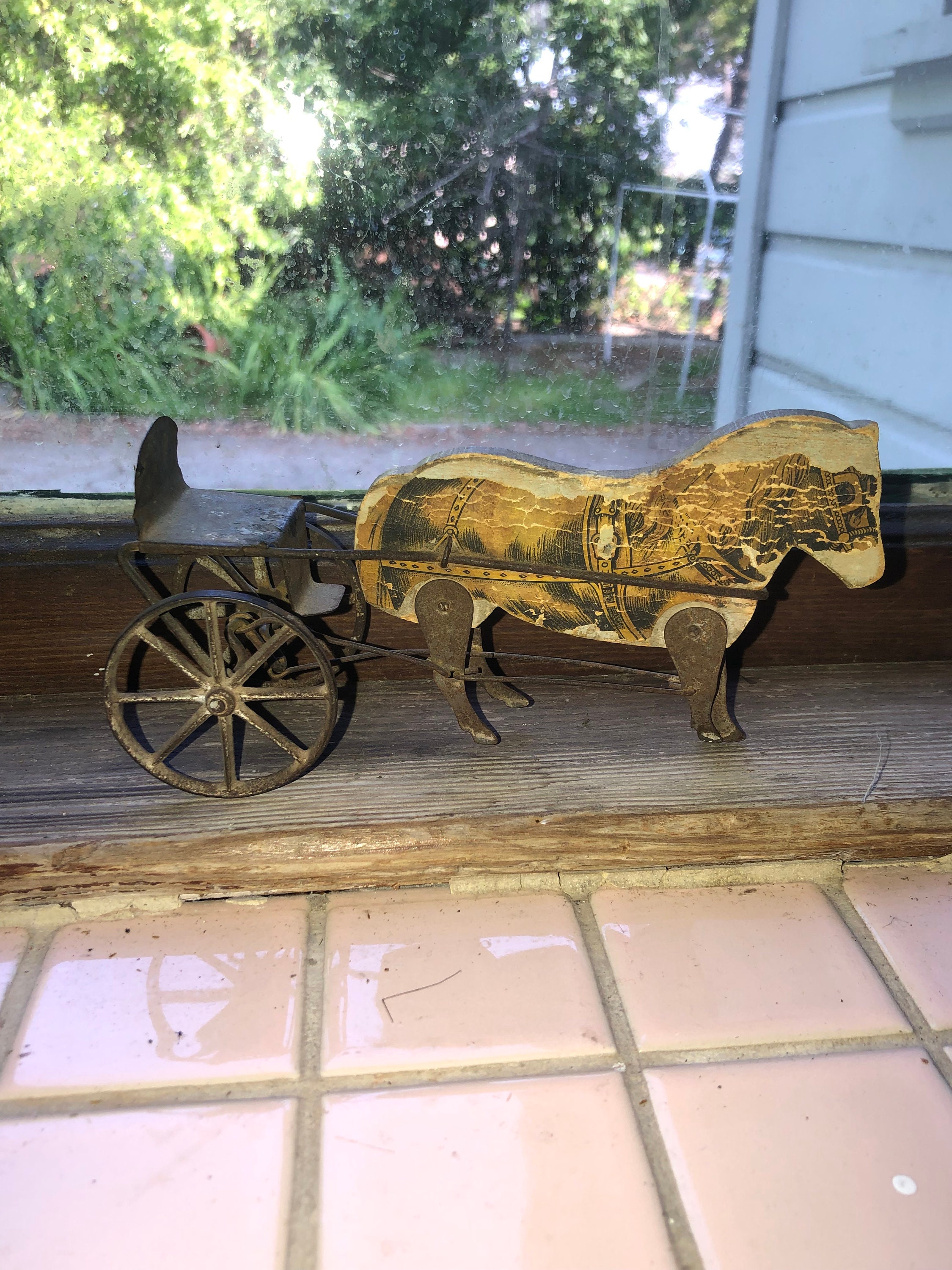 1910 Antique Toy Gibbs Lithograph Horse & Cart Legs Move When Wheels ...