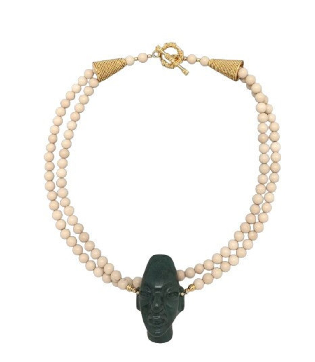 Jade Columbian Mask With Wood Agate Double Strand | 24kt Gold Plate ...
