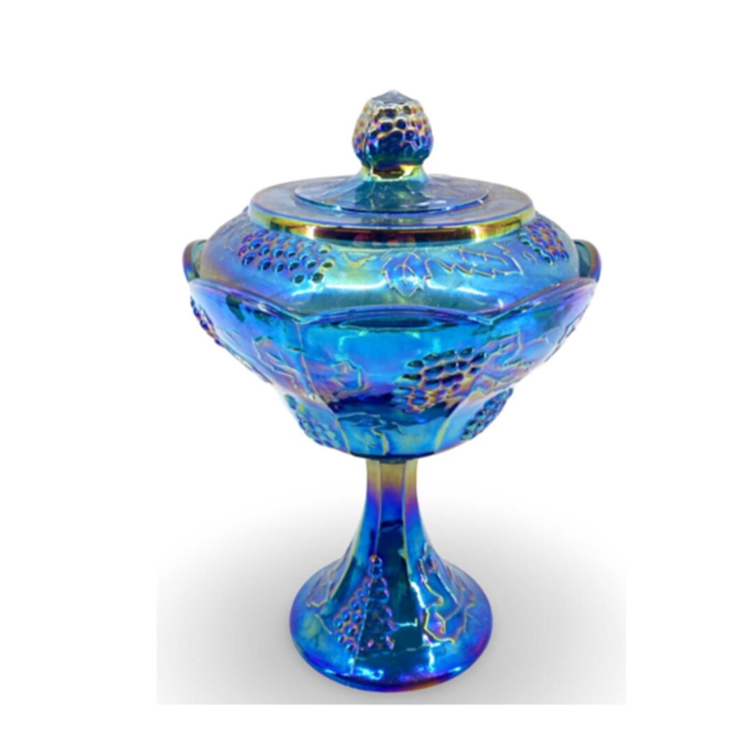 Carnival Glass Pedestal Candy Dish | With Lid | Iridescent | Grape ...