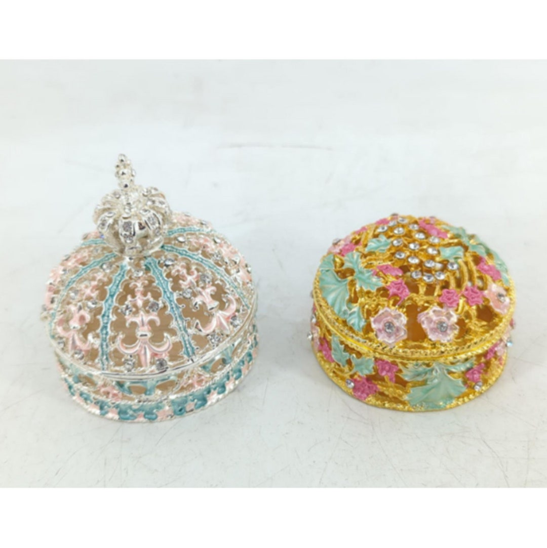 2x Round Crystal Studded Hinged Jewelry Boxes | Vintage - Etsy