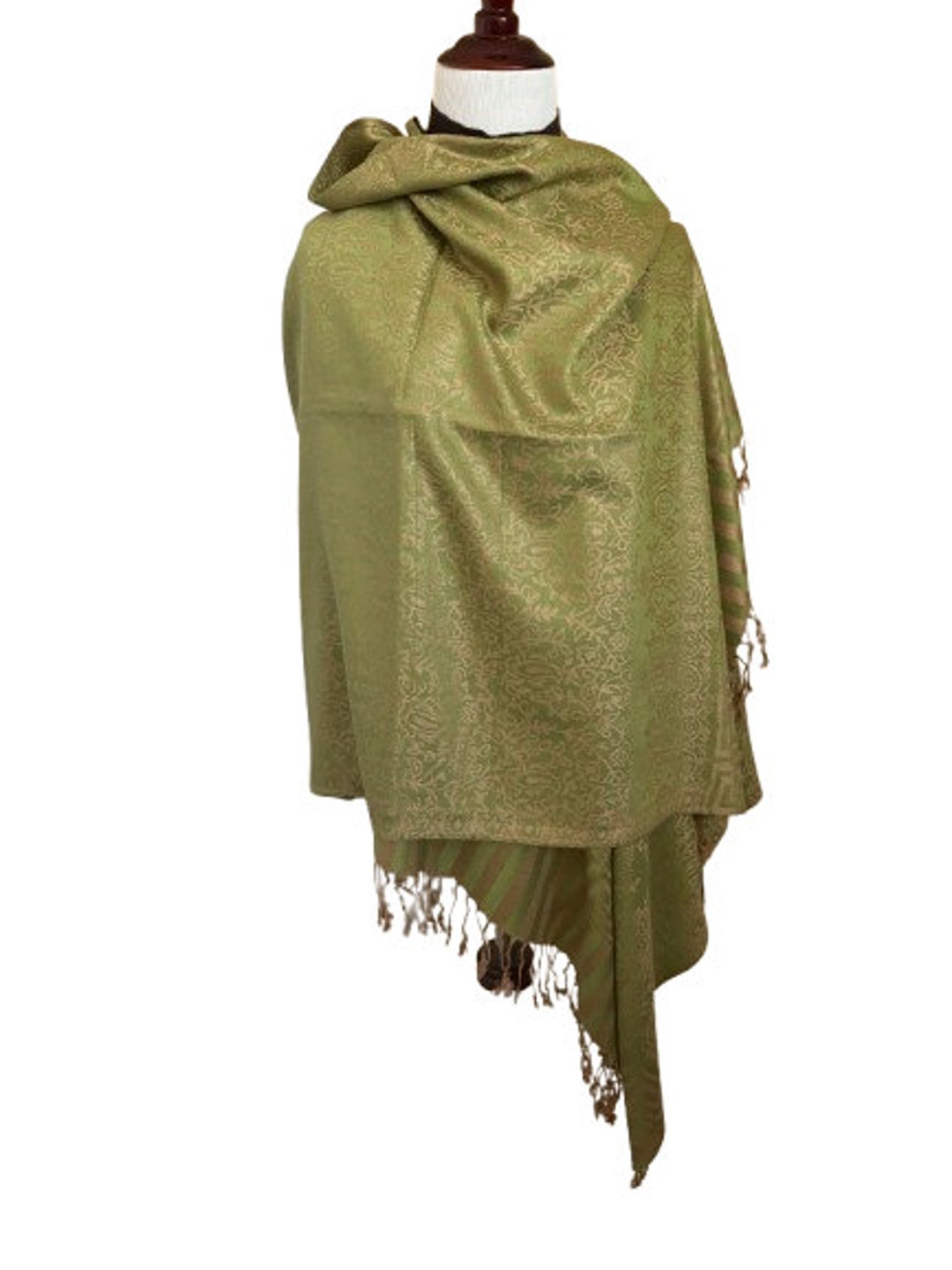 Moss Green and Gold Cashmere Scarf | Floral/greek Key | 72" X 28" | NWT ...
