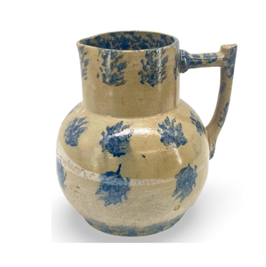Spongeware Primitive Pitcher | 9" H | Handmade | Blue & White | Antique ...