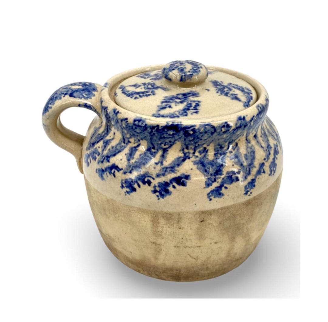 Spongeware Jug With Lid | Primitive off White and Blue | Antique - Etsy