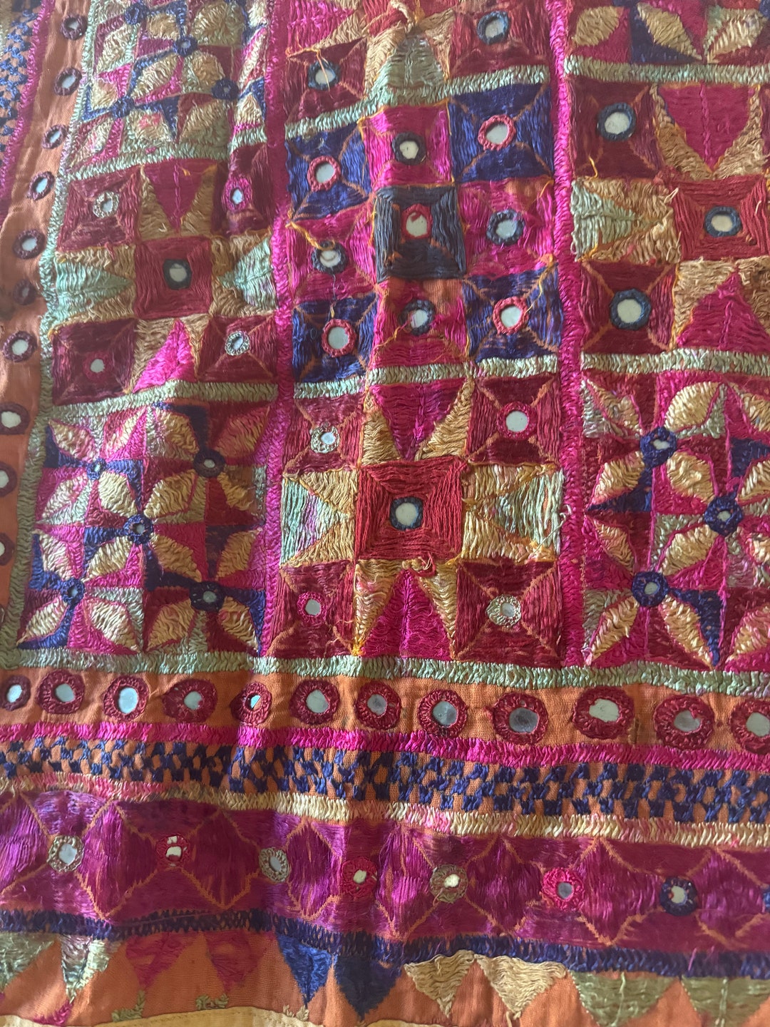 Antique Hand Created Bread Cloth | Mustard, Fuchsia, Blue & Teal | Plus ...