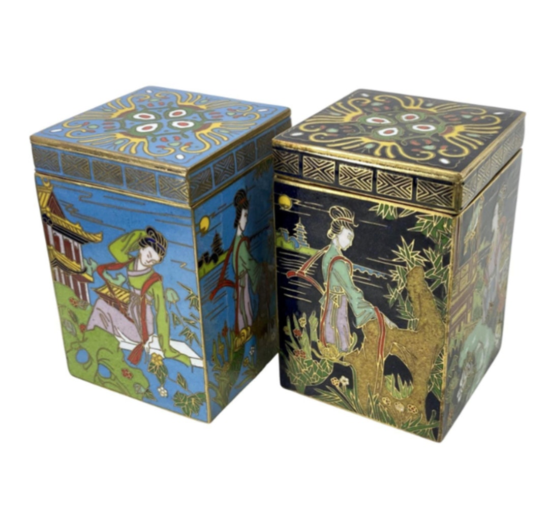 2x Cloisonné Boxes With Lids 1 Black 1 Blue Vintage - Etsy