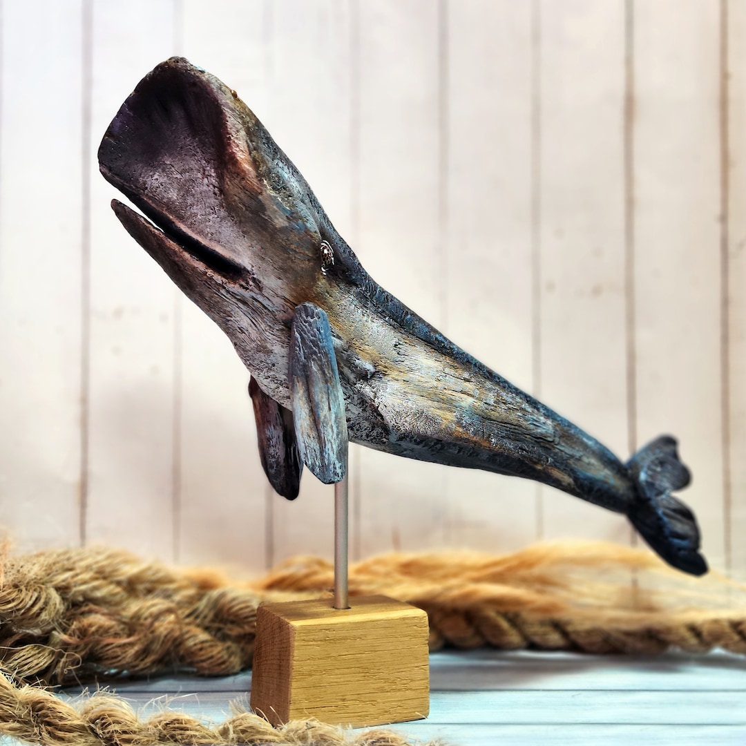 Driftwood Whale Sculpture Ocean Dweller Stand Statue Wooden Art Decor ...