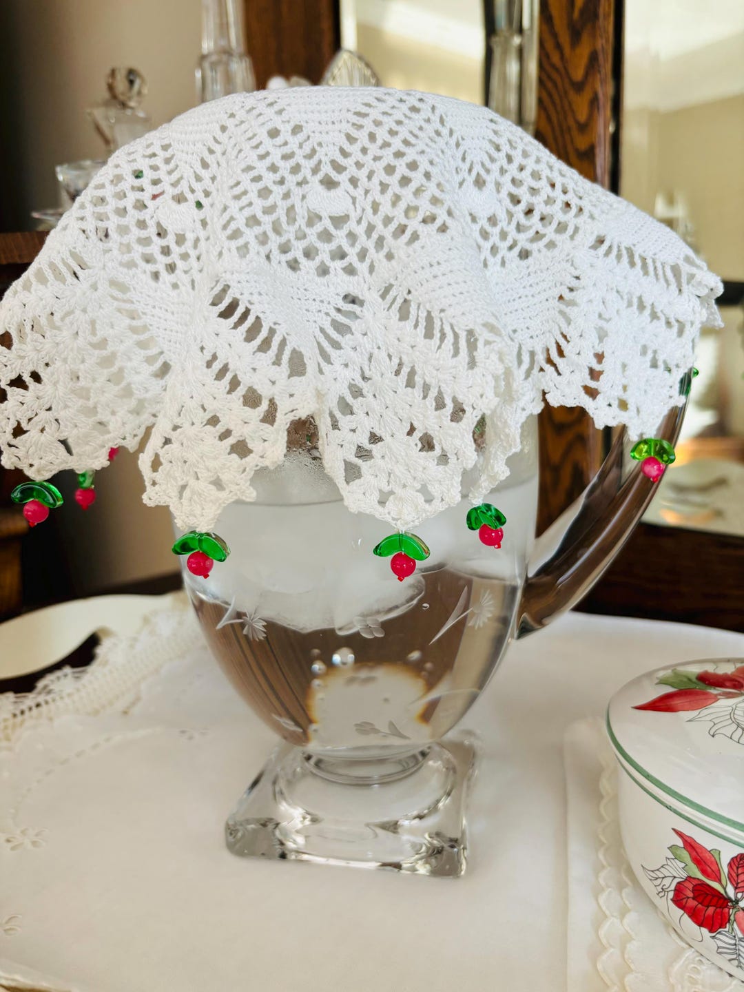 Cherry Jug Cover, Pitcher Cover, Bowl Cover, Made From a Hand Crocheted ...