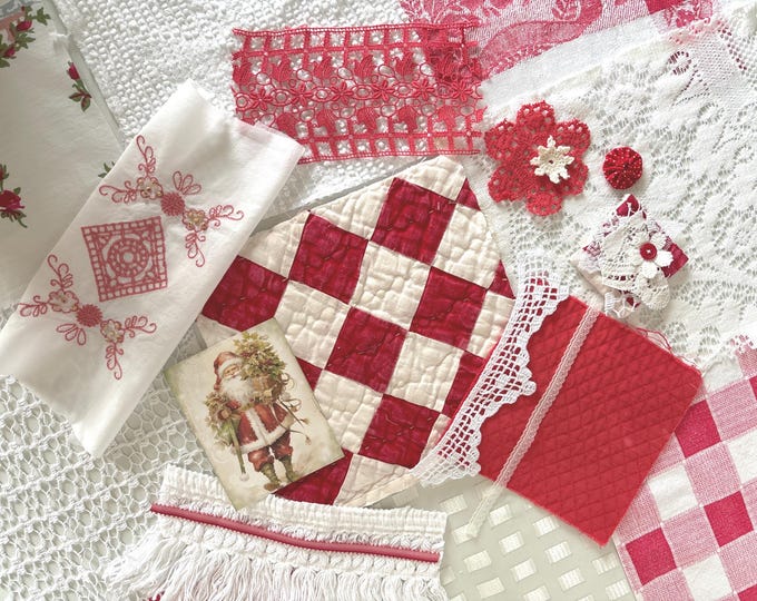 Christmas Red Vintage Fabric & Trim Bundle, Inspiration Bundle, Slow ...