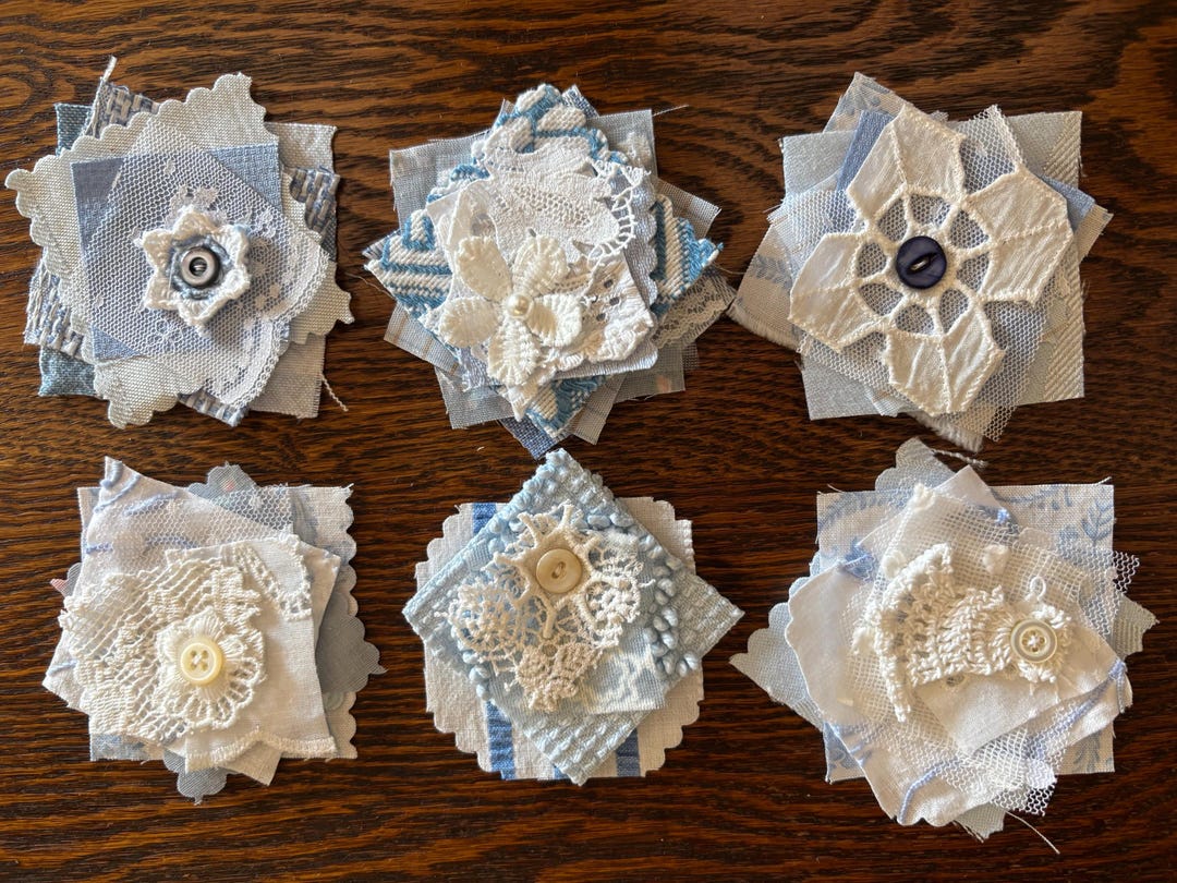 Blue Fabric Snippet Clusters: Lace, Buttons, Junk Journal Embellishments, Slow Stitching ...