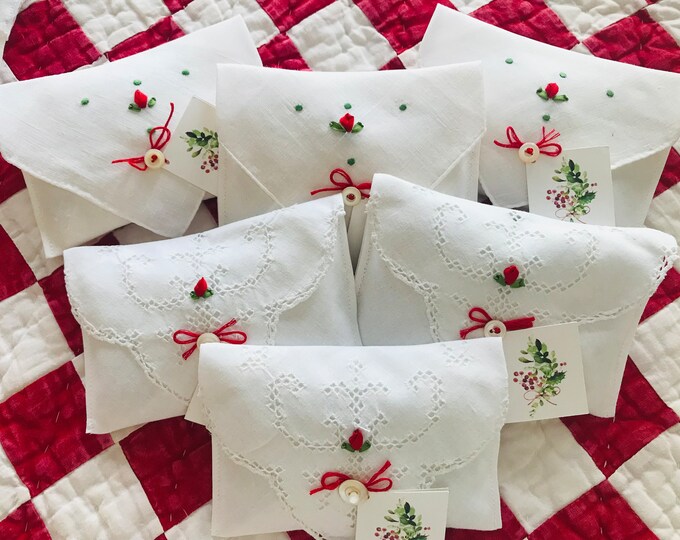 Balsam Sachets Made From Vintage Hankies Embroidered With Red Silk ...