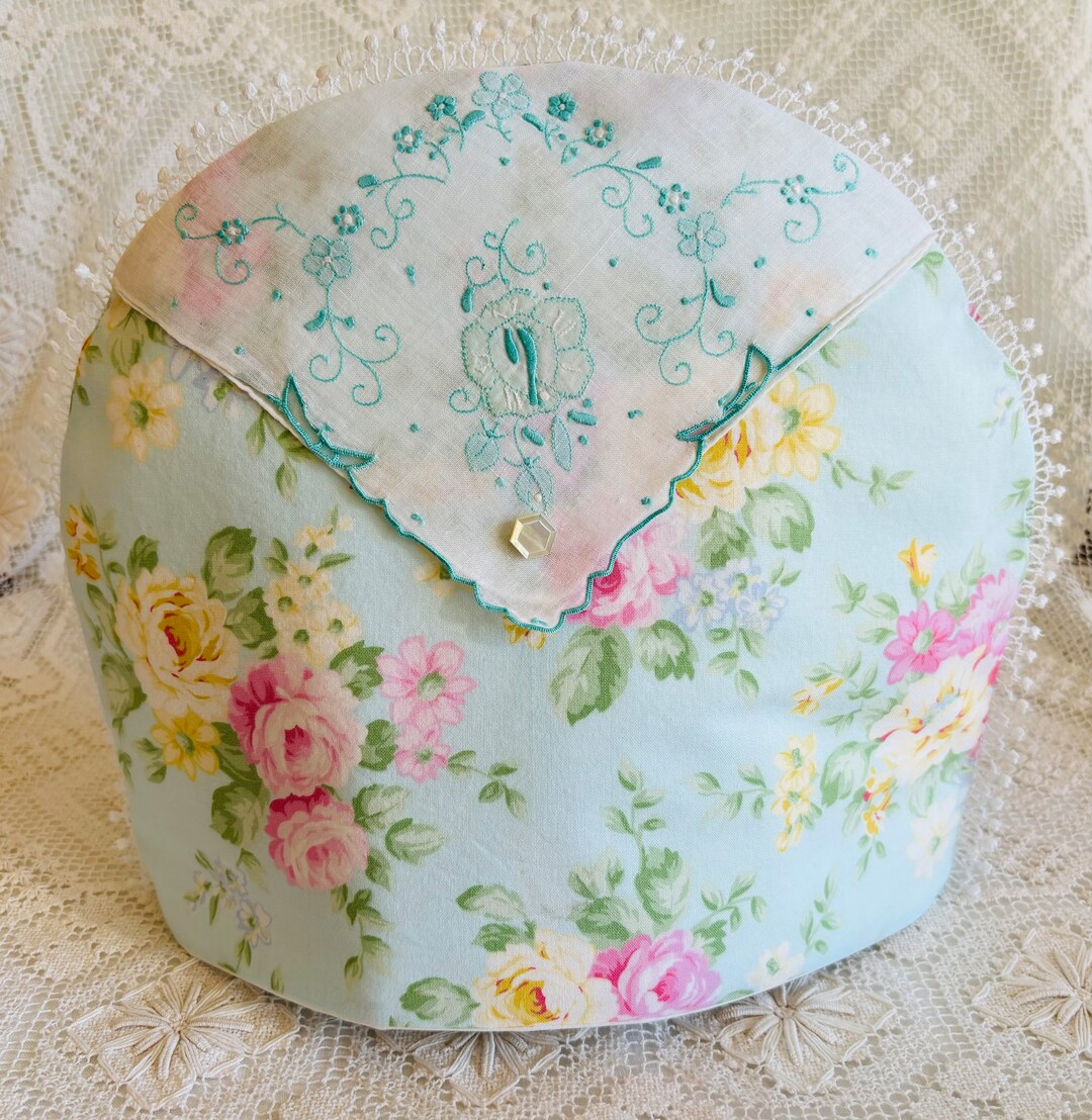 Aqua Floral Tea Cozy, Cotton Tea Cozy Accented With a Vintage Hankie ...