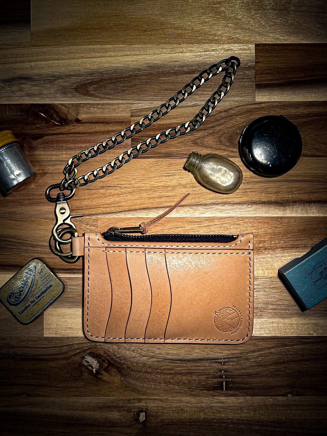 The Mira — Minimalist Leather Wallet With Chain Wrist Strap - Etsy