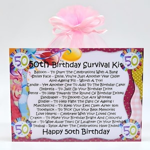 50th Birthday Survival Kit (pink) ~ Fun Novelty Gift & Greetings Card ...
