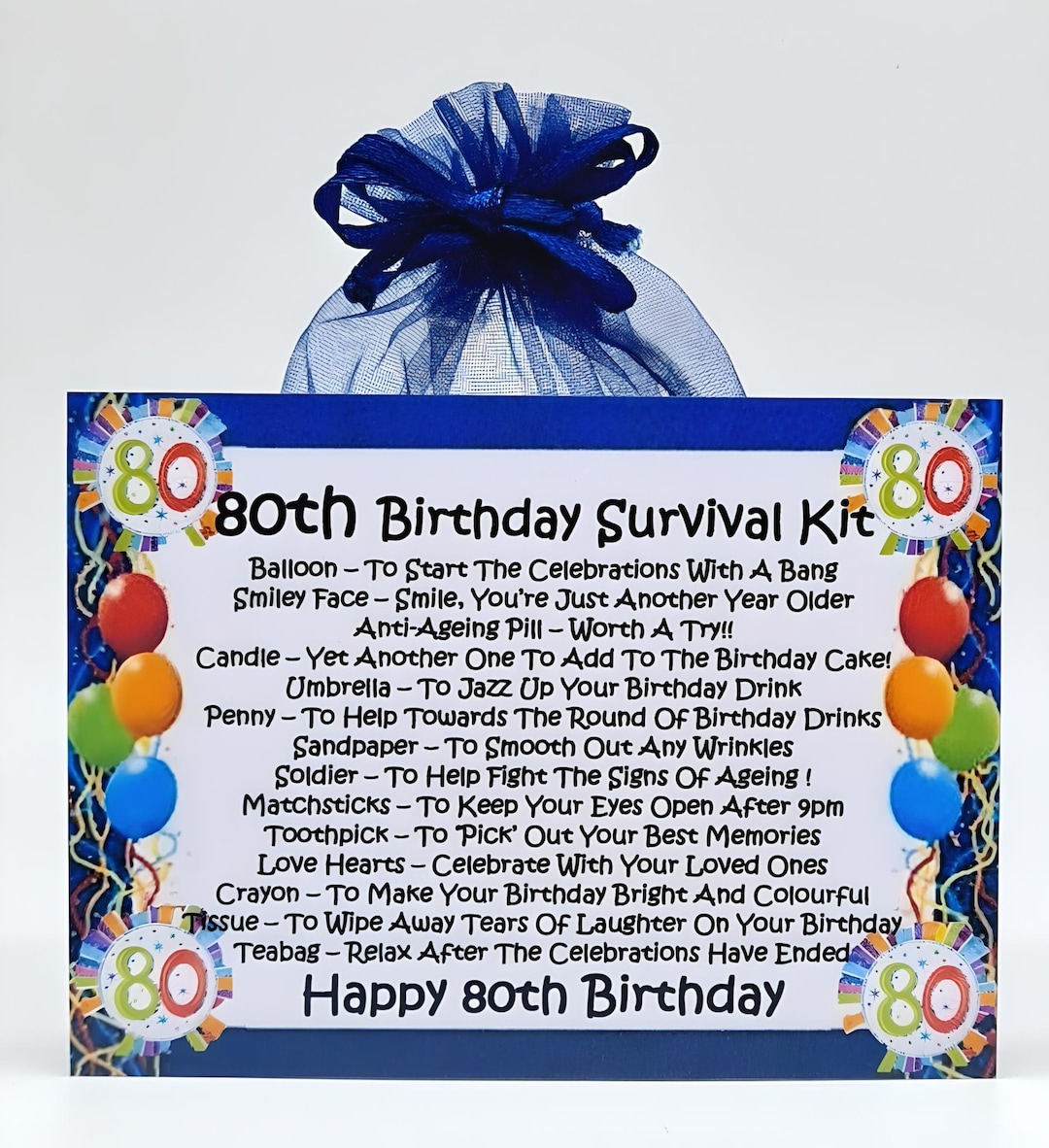 80th Birthday Survival Kit blue Fun Novelty Gift & Greetings Card All ...