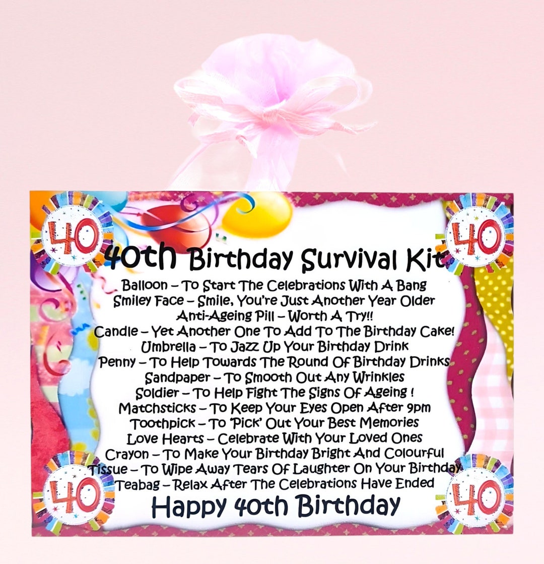 40th Birthday Survival Kit pink Fun Novelty Gift & Greetings Card ...