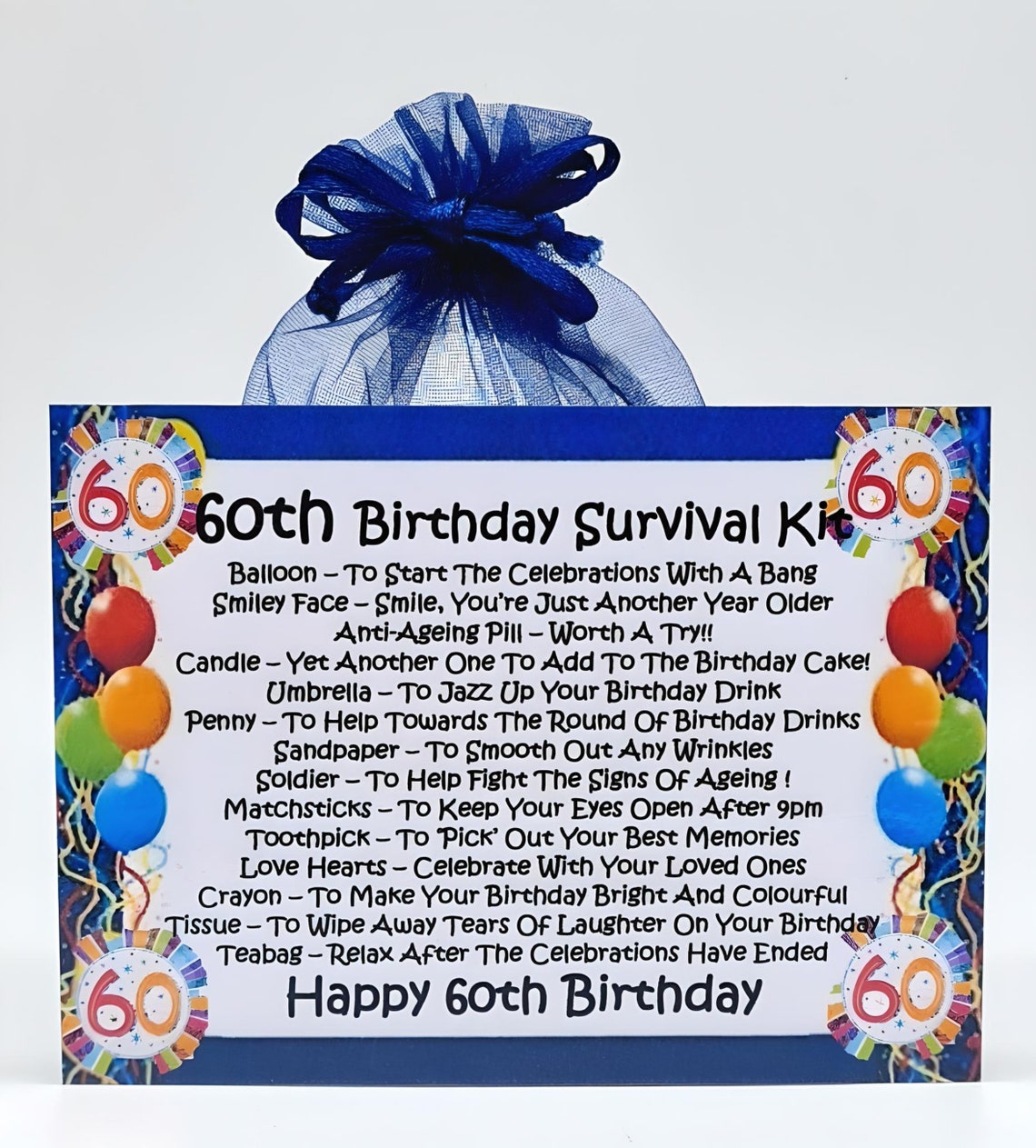 60th Birthday Survival Kit (blue) ~ Fun Novelty Gift & Greetings Card ...