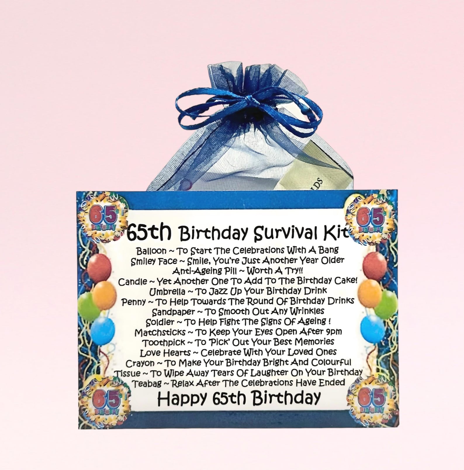 65th Birthday Survival Kit (blue) ~ Fun Novelty Gift & Greetings Card ...