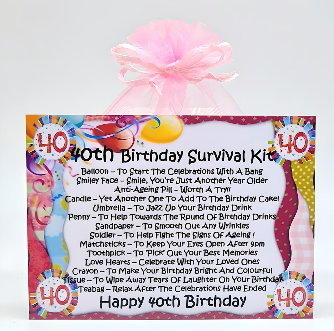 40th Birthday Survival Kit pink Fun Novelty Gift & Greetings Card ...
