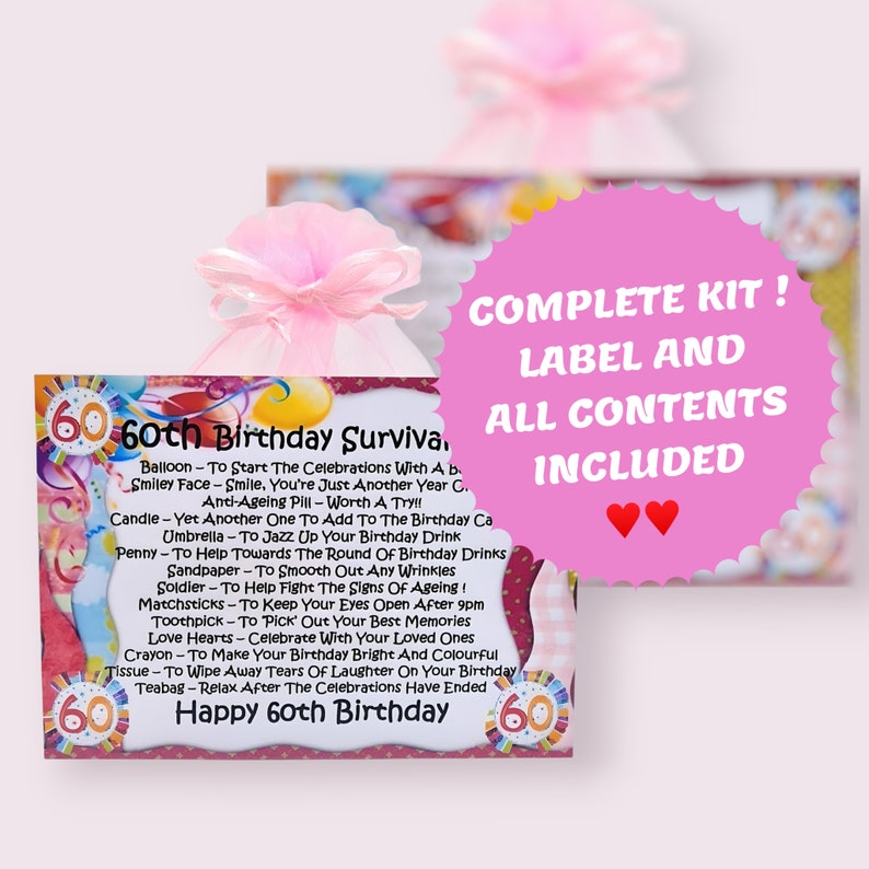 60th Birthday Survival Kit (pink) ~ Fun Novelty Gift & Greetings Card ...