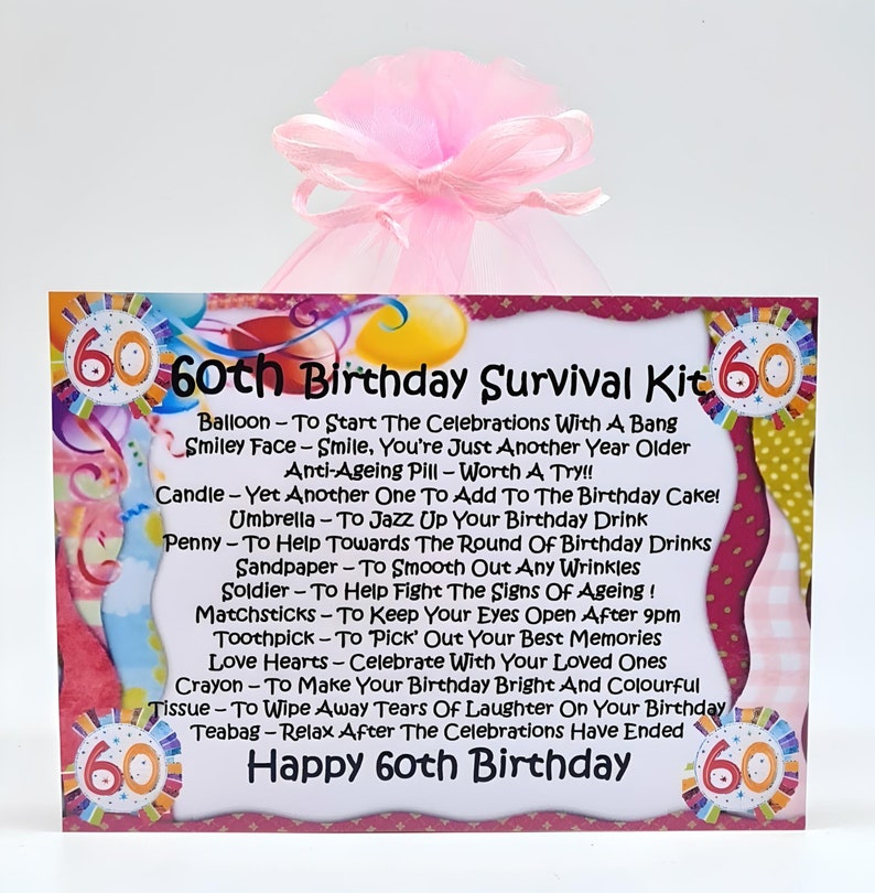 60th Birthday Survival Kit (pink) ~ Fun Novelty Gift & Greetings Card ...
