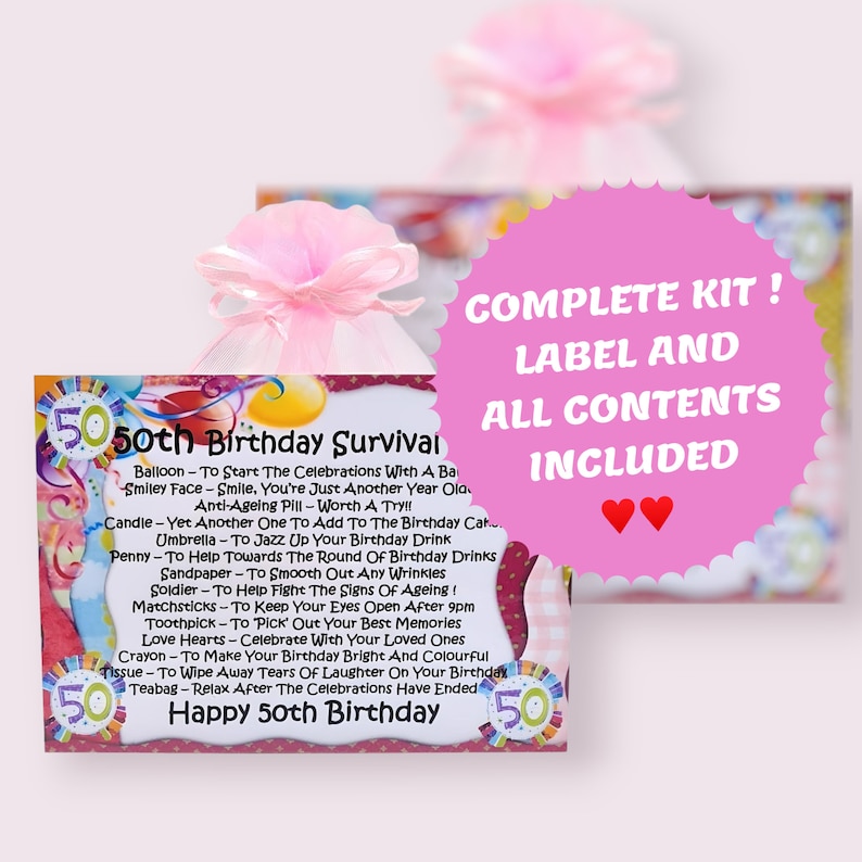50th Birthday Survival Kit (pink) ~ Fun Novelty Gift & Greetings Card ...