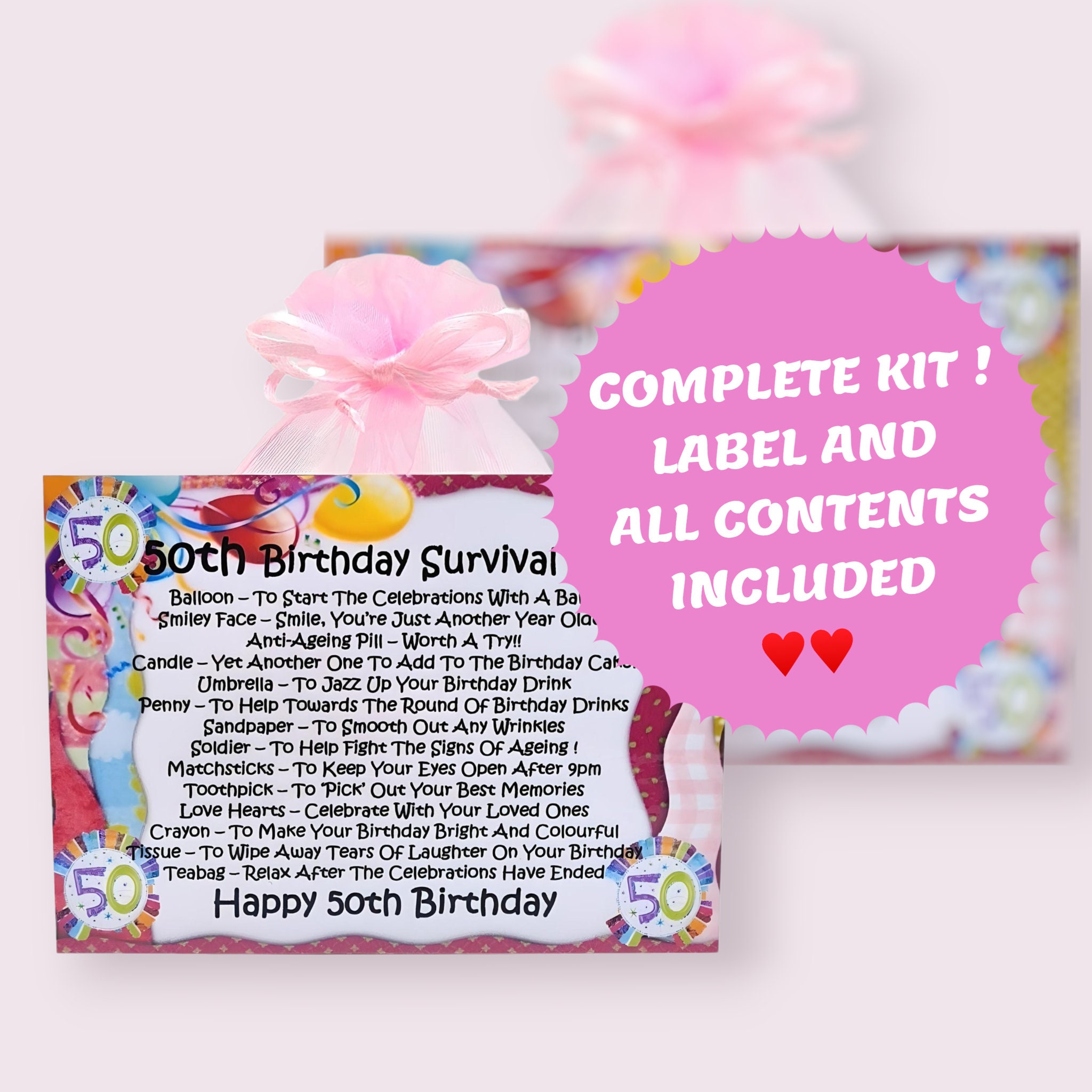 50th Birthday Survival Kit (pink) ~ Fun Novelty Gift & Greetings Card ...