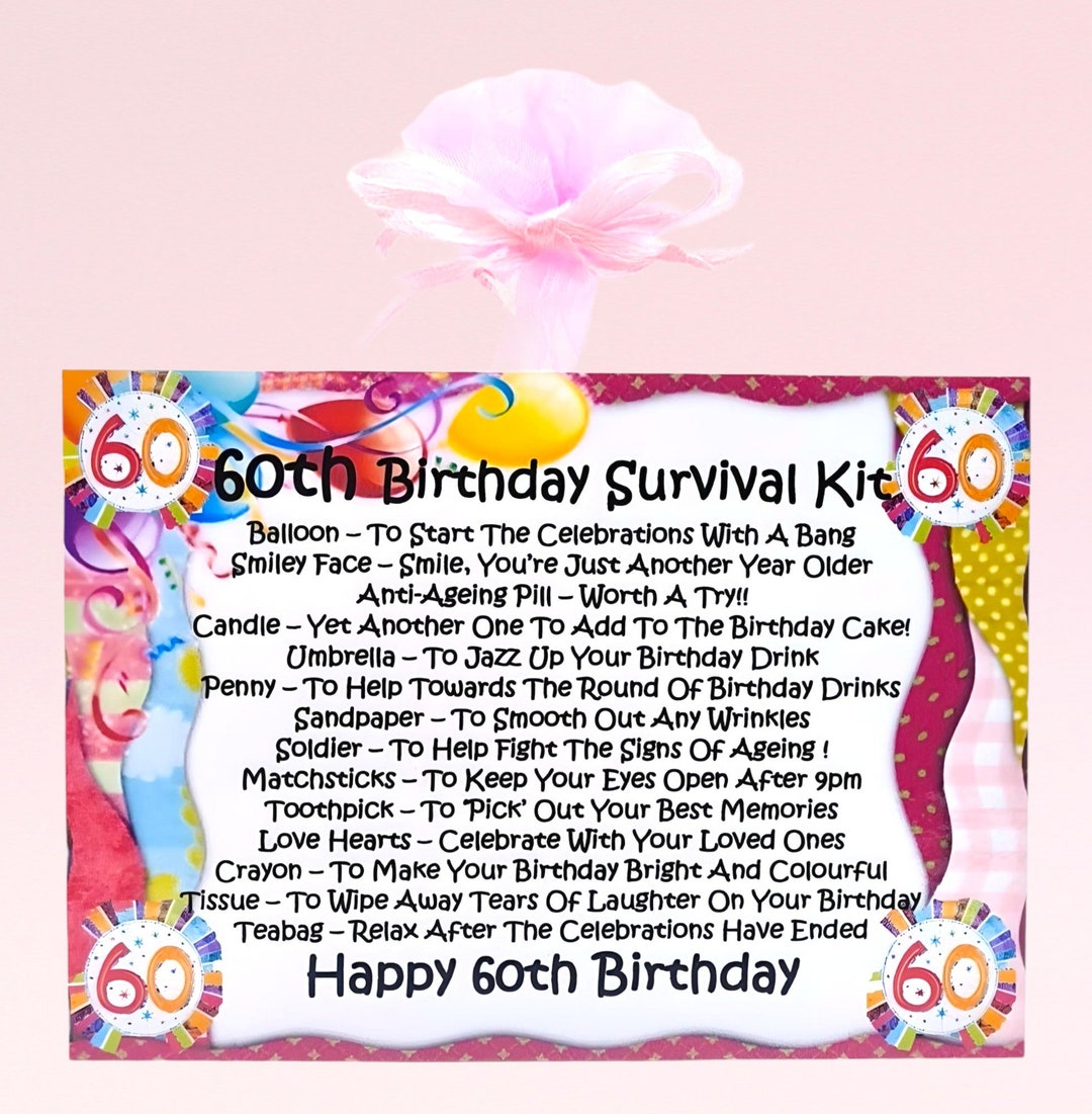 60th Birthday Survival Kit (pink) ~ Fun Novelty Gift & Greetings Card ...