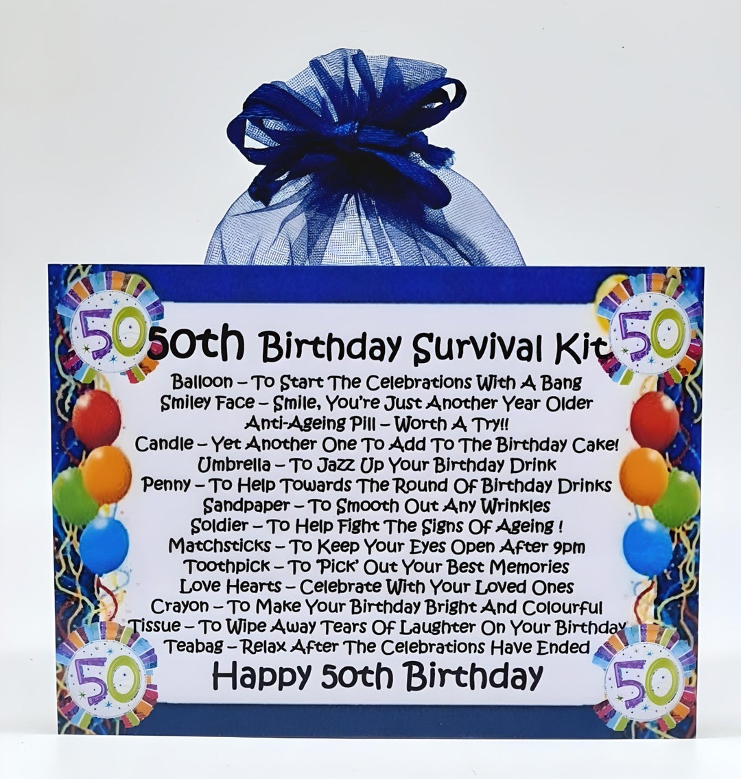 50th Birthday Survival Kit blue Fun Novelty Gift & Greetings Card All ...