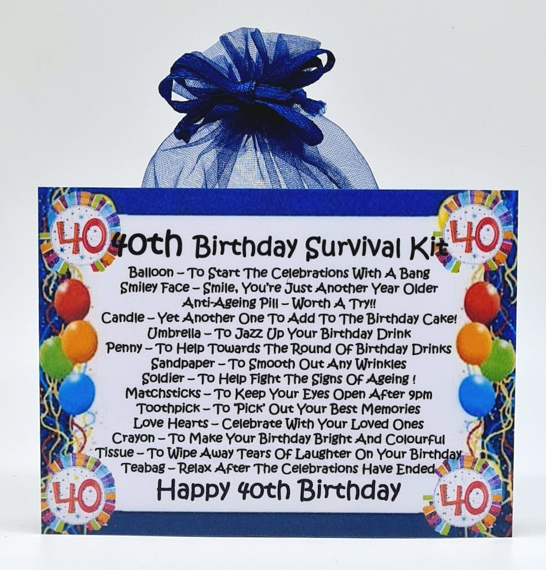 40th Birthday Survival Kit blue Fun Novelty Gift & Greetings Card All ...