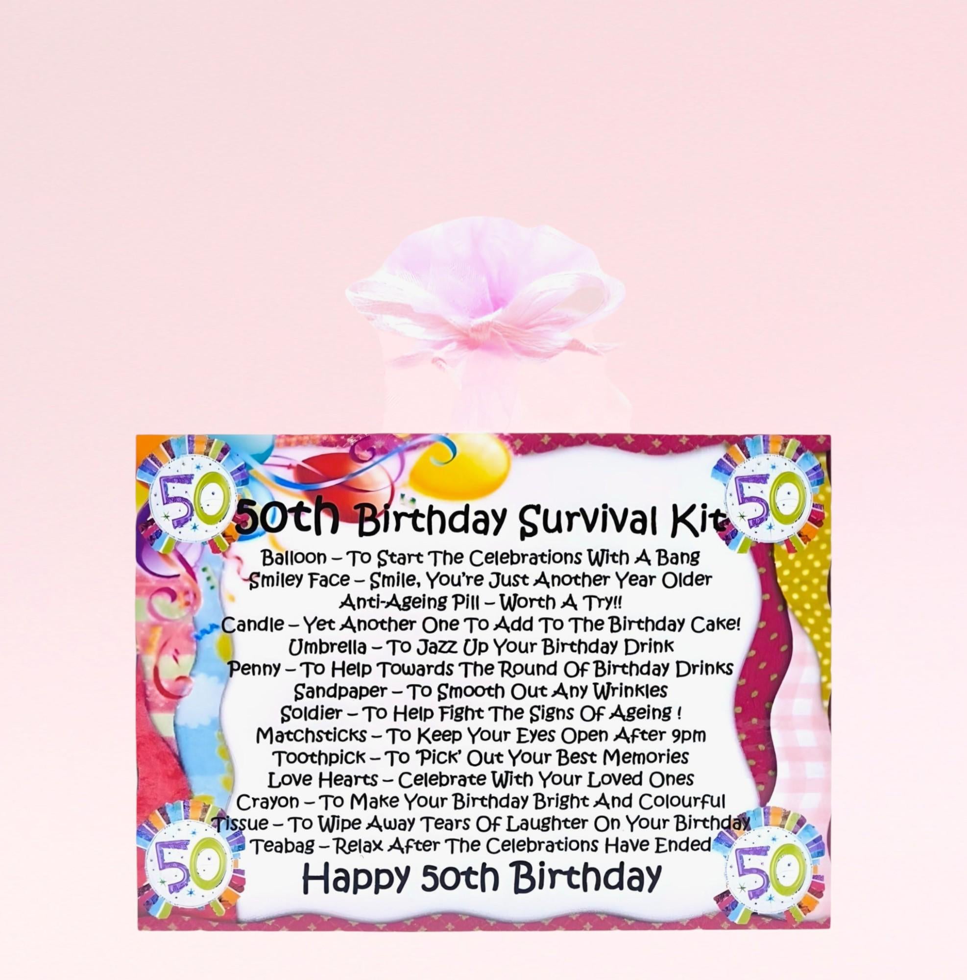50th Birthday Survival Kit (pink) ~ Fun Novelty Gift & Greetings Card ...