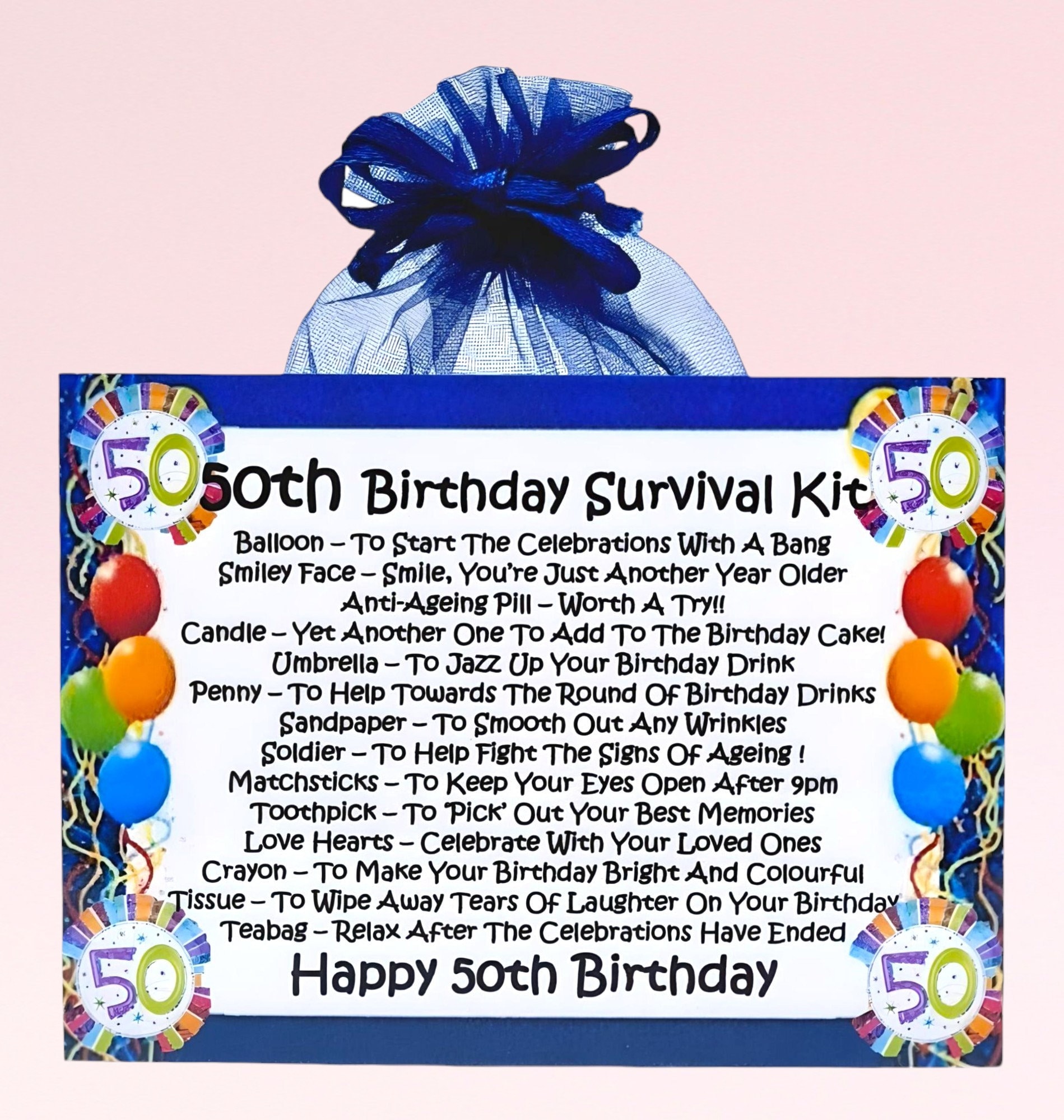 50th Birthday Survival Kit (blue) ~ Fun Novelty Gift & Greetings Card ...