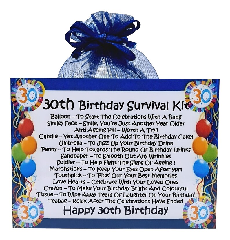 30th Birthday Survival Kit (blue) ~ Fun Novelty Gift & Greetings Card ...