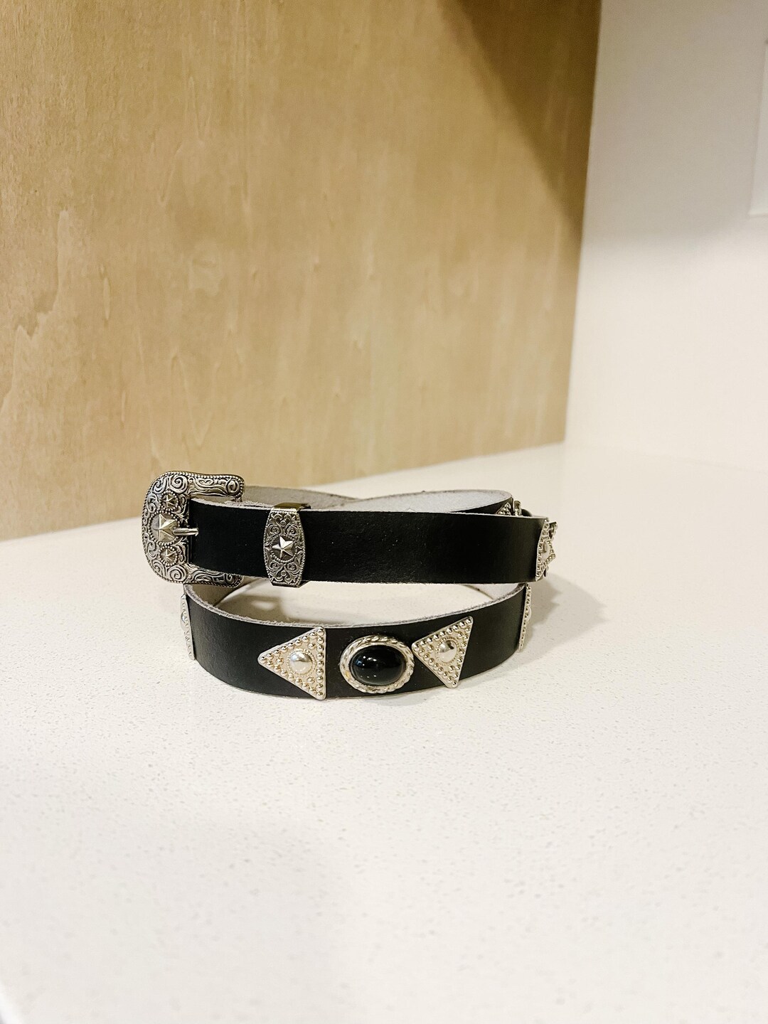 Vintage Studded Black Leather Belt With Silver Stud and Gem Detail ...