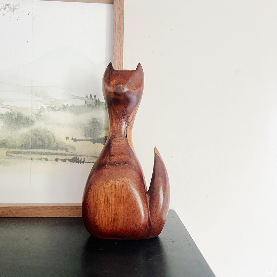 Vintage Teak Mid Century Long Neck Cat Sculpture, Sculpture/ Figurine ...