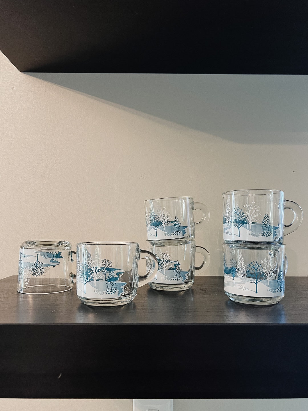 Vintage Clear Glass Winter Scene Mugs (6), Vintage Christmas Clear Mug ...