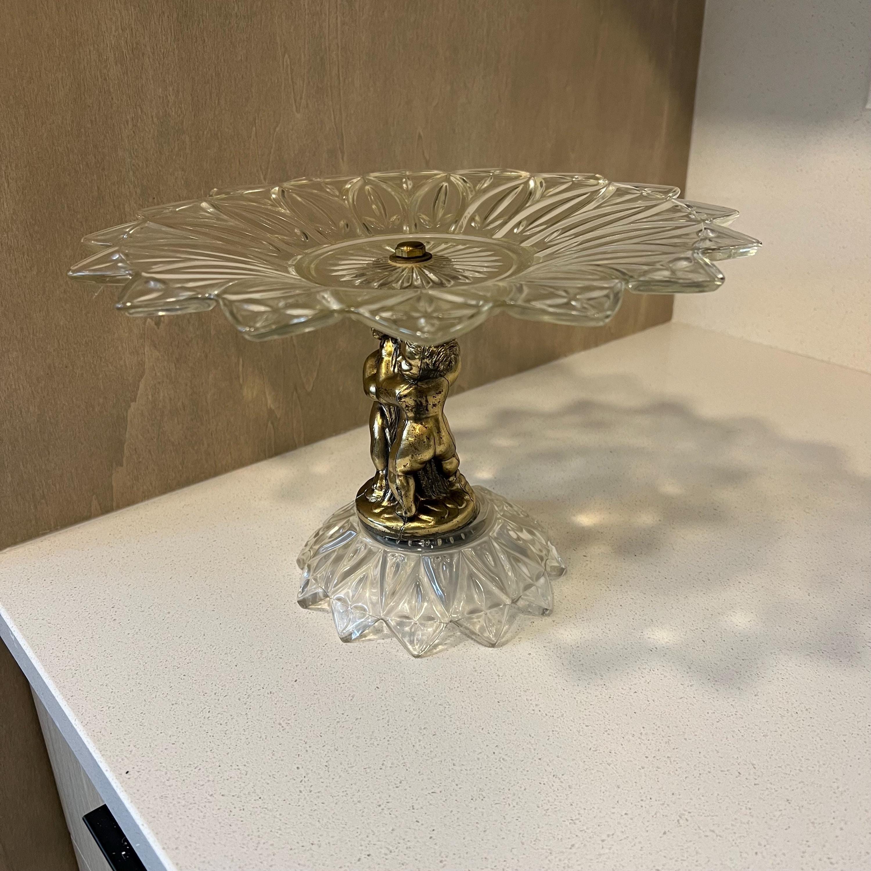 Vintage Cherub Angel Glass Cake Stand Pedestal | Federal Glass Dessert ...