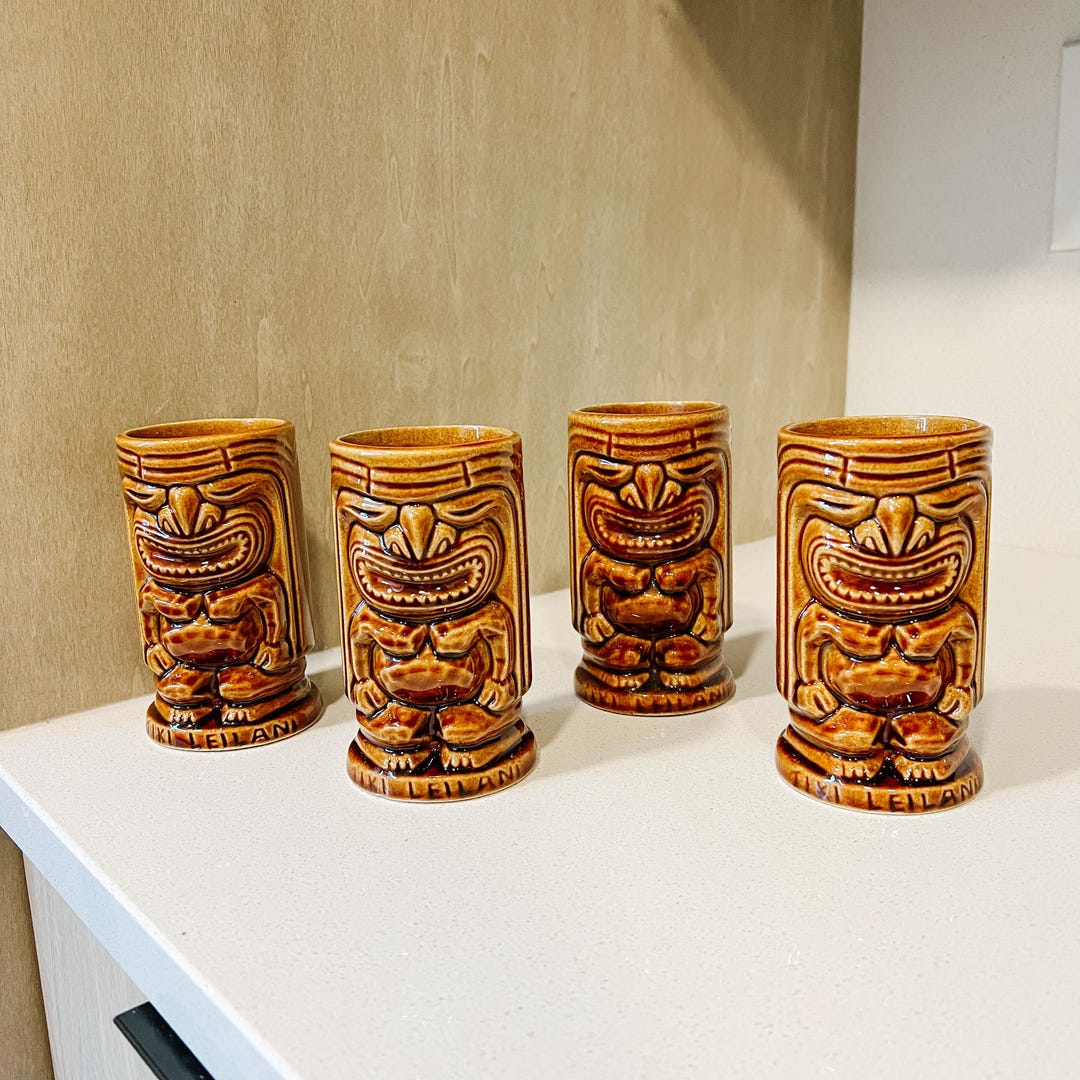 Vintage Tiki Mugs 4, Mid Century Brown Tiki Mugs, Tiki Leilani Tiki Brown Glazed, Luau Party ...